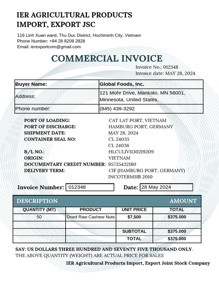 Invoice for Dried Raw Cashew Nuts | PDF