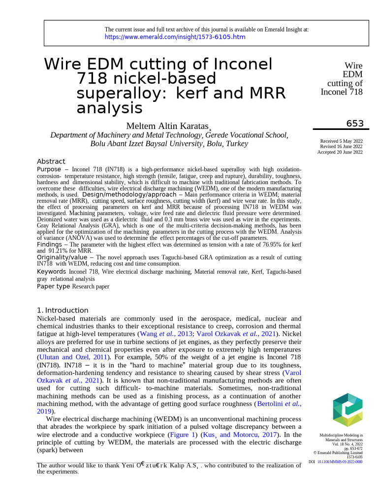 WEDM of Inconel 718: Kerf & MRR Insights | PDF | Machining | Energy ...
