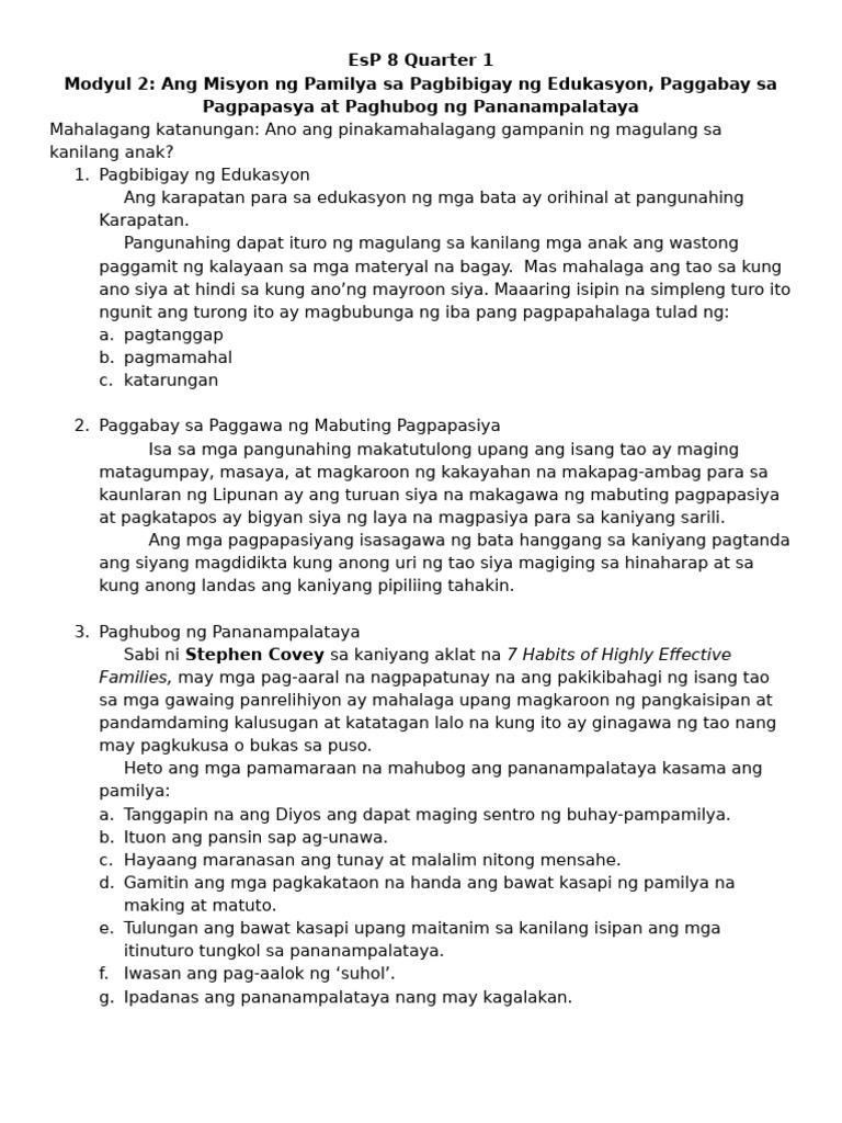 EsP 8 Q1 Modyul 2 Activity | PDF