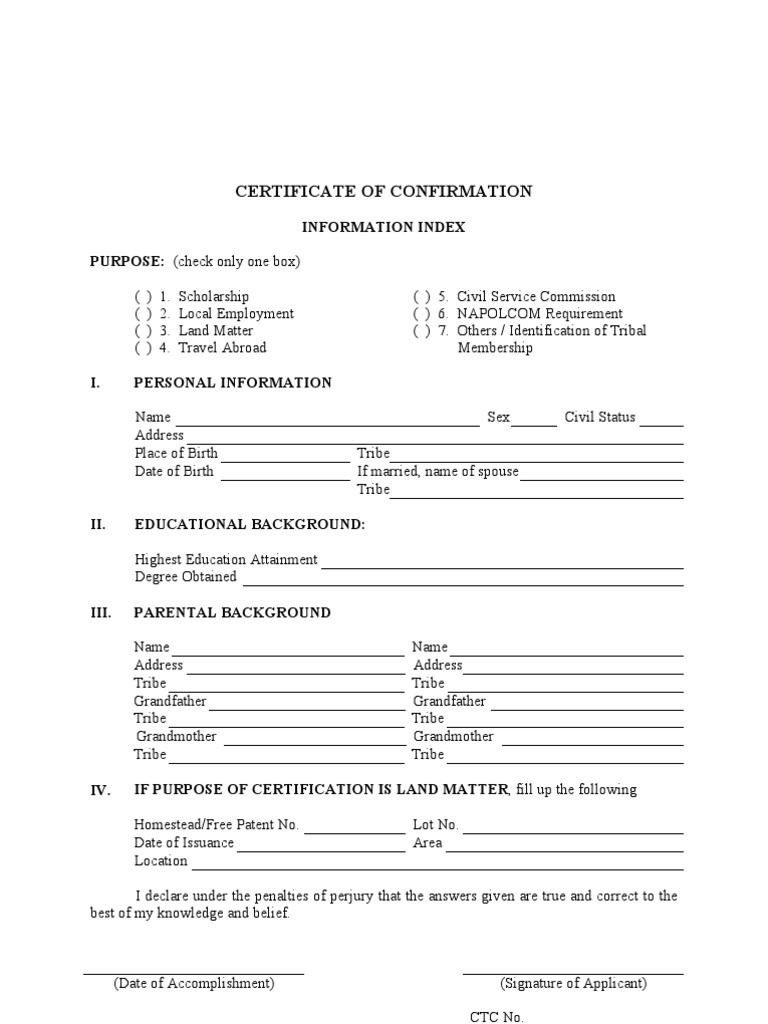 NCIP Certificate of Confirmation Form | PDF | Social Science | Law