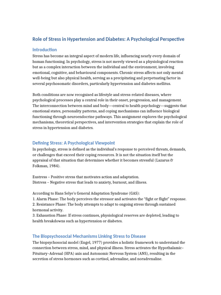 Role of Stress in Hypertension and Diabetes Psychological Perspective ...