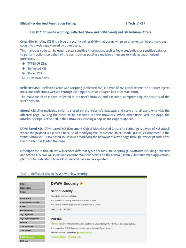 Lab 7 - Cross-Site Scripting (Reflected, Store and DOM Based) and File ...