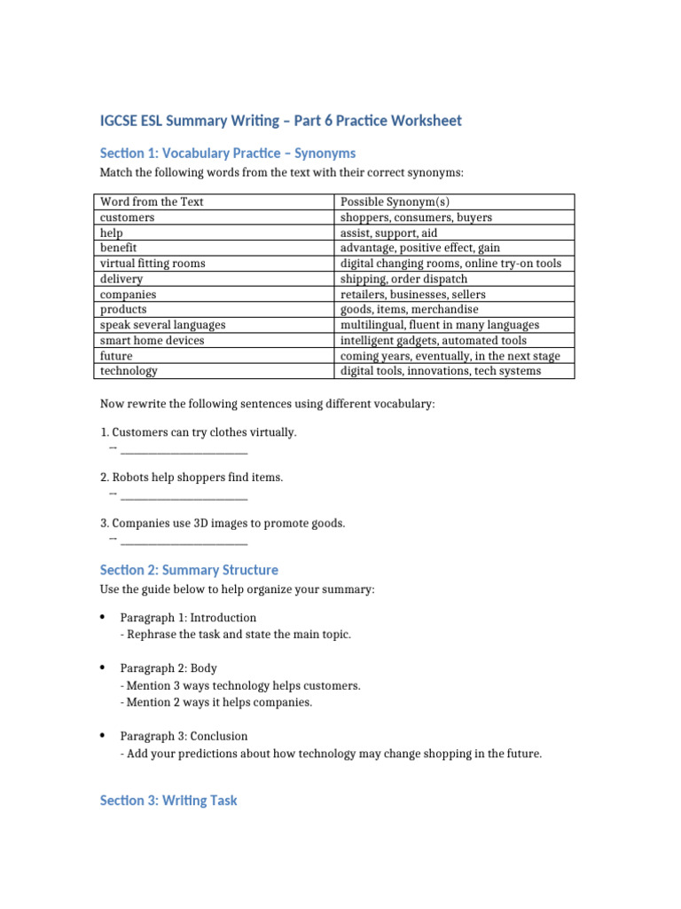 IGCSE ESL Summary Writing Practice | PDF