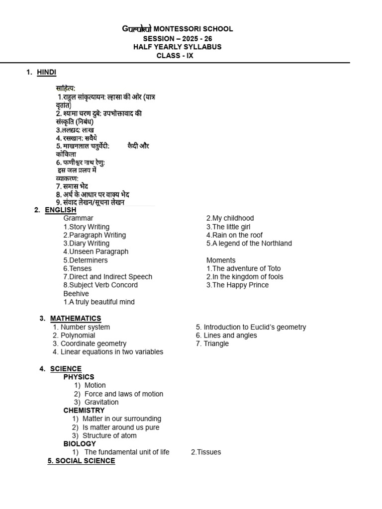 Class Ix Half Yearly Syllabus | PDF