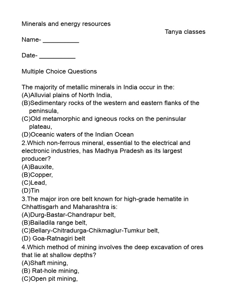 India’s Mineral and Energy Resources Quiz | PDF | Mining | Ore