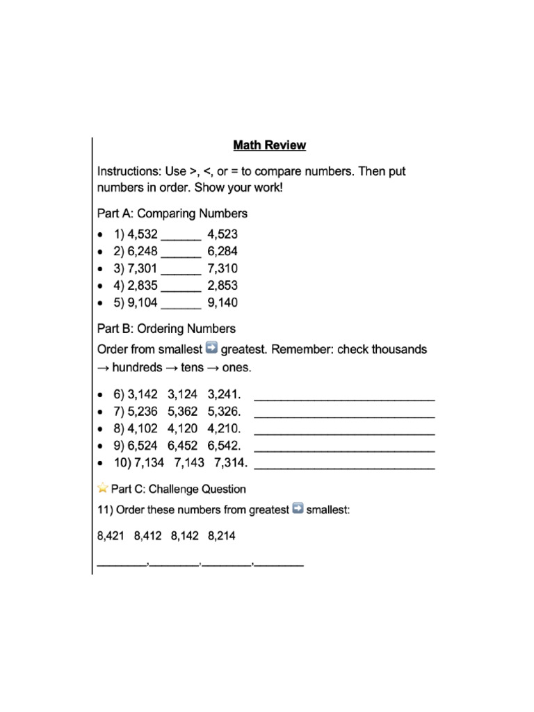Comparing and Ordering Numbers Review | PDF