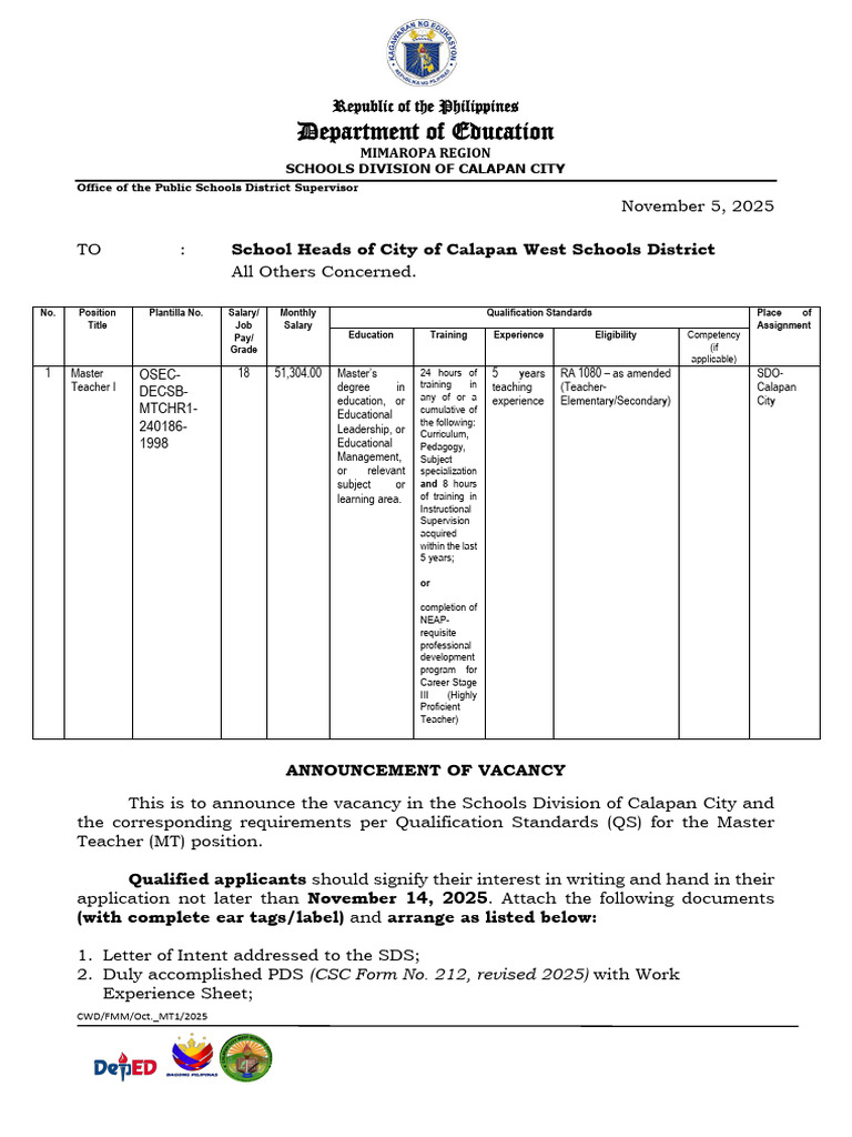 CWD Announcement of Vacancy Master Teacher1 | PDF | Teachers