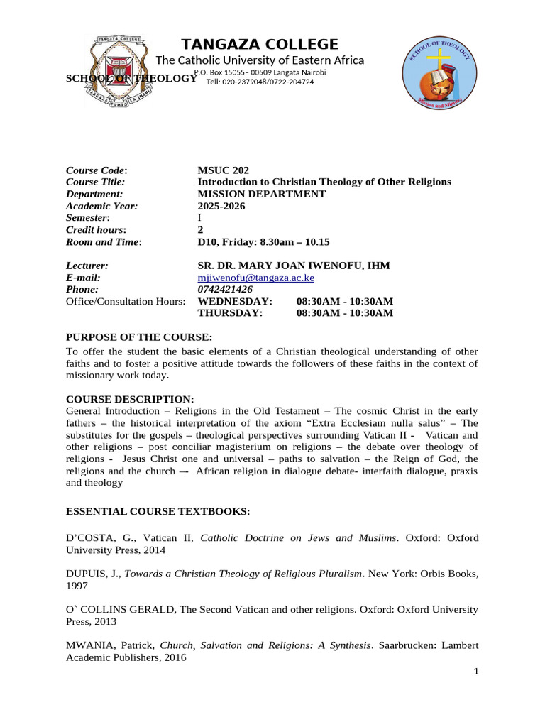 Msuc 202 Course Outline For Introduction To Christian Theology of Other ...