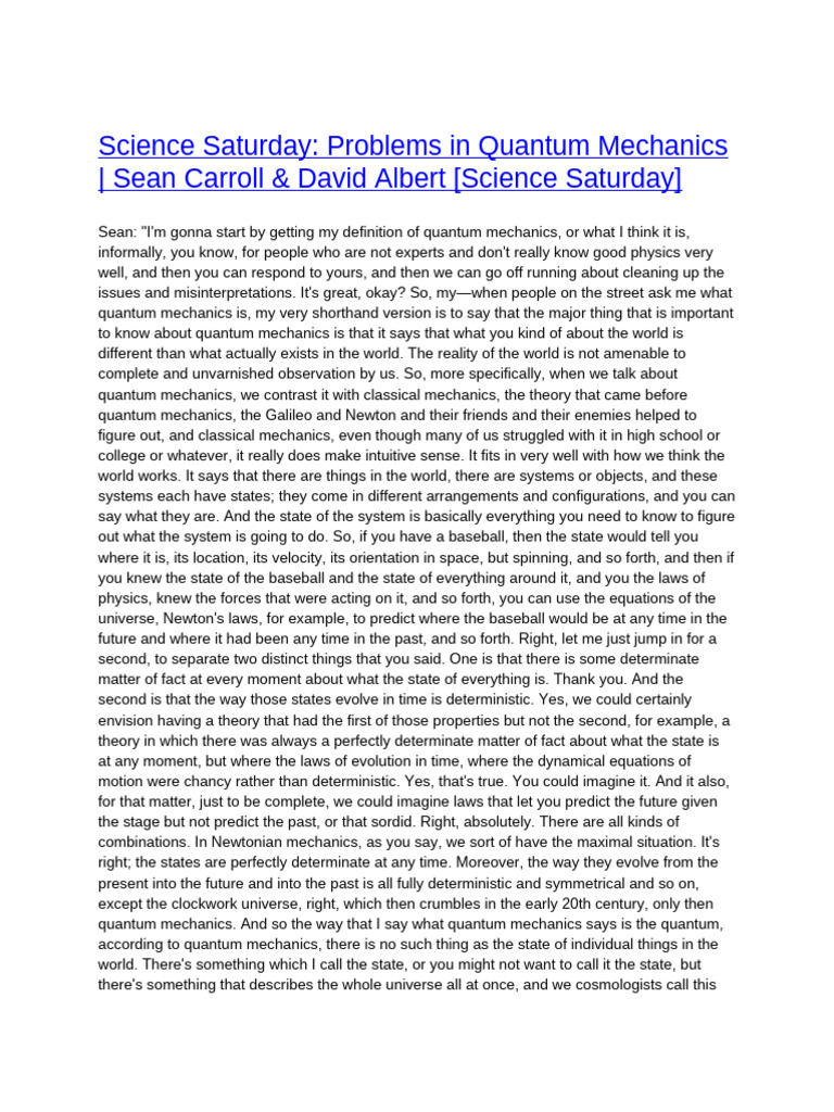Sean Carroll David Albert | PDF | Mechanics | Wave Function