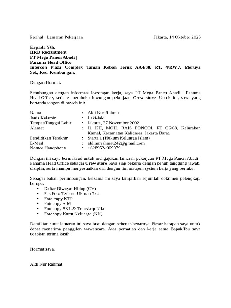 Lamaran Pekerjaan Aldi di Mega Panen Abadi | PDF