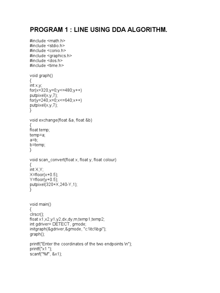 Program 1: Line Using Dda Algorithm | PDF | Geometry | Computer Programming