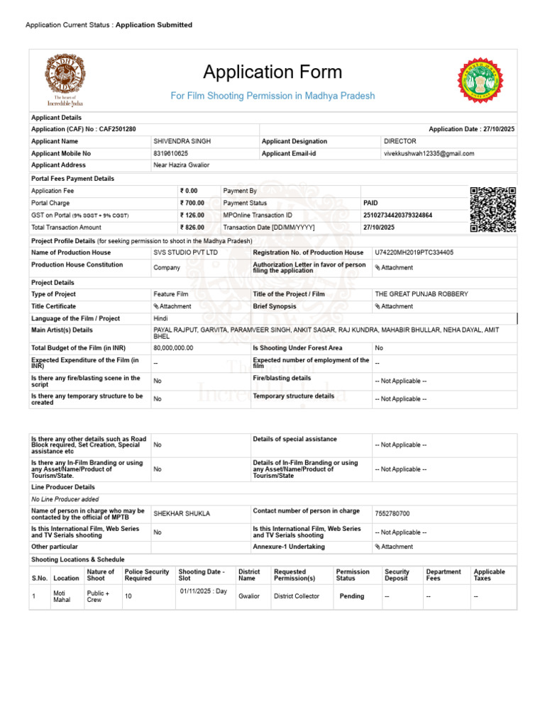 Common Application Form (CAF) - CAF2501280 - Madhya Pradesh Tourism ...