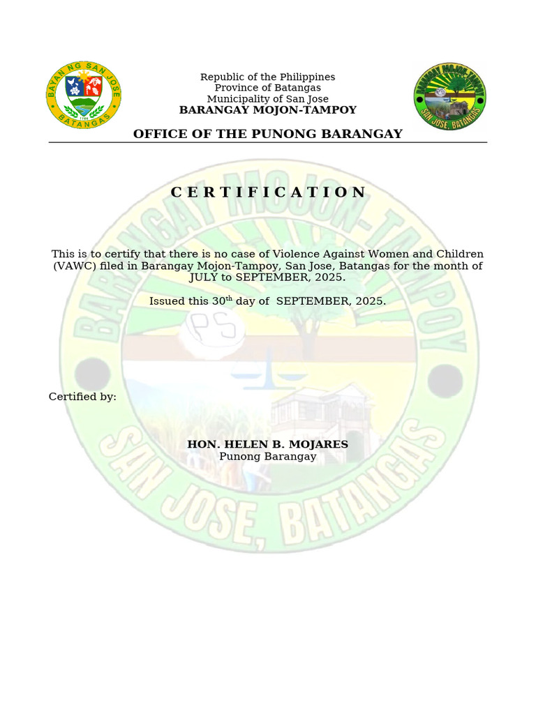 VAWC Certification for Mojon-Tampoy | PDF
