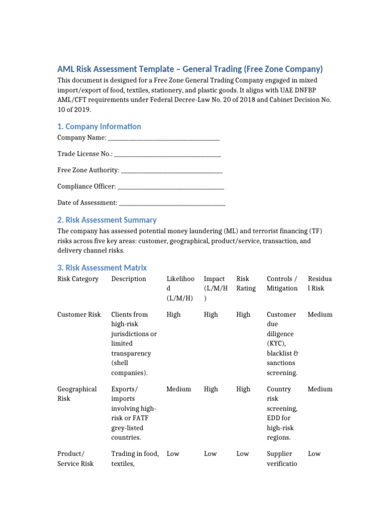 AML Risk Assessment for Free Zone Trading | PDF | Business Law | Business