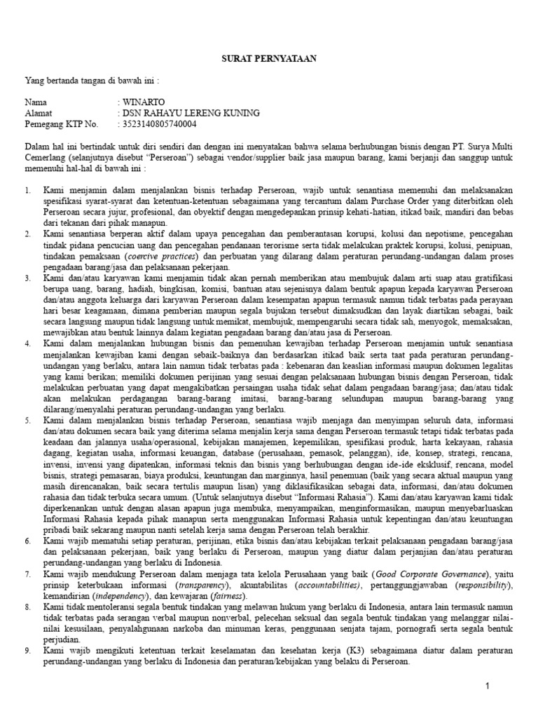 Surat Pernyataan Kepatuhan Vendor | PDF