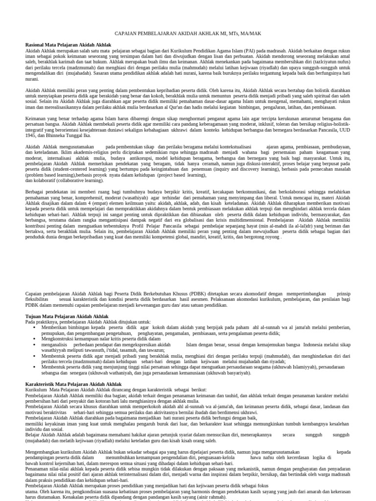 Capaian Pembelajaran Akidah Akhlak MI-MA | PDF