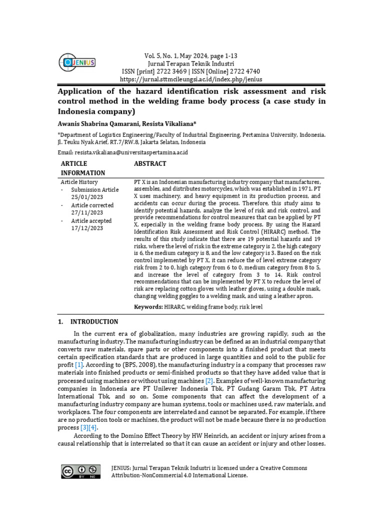 Application of The Hazard Identification Risk Assessment and Risk ...