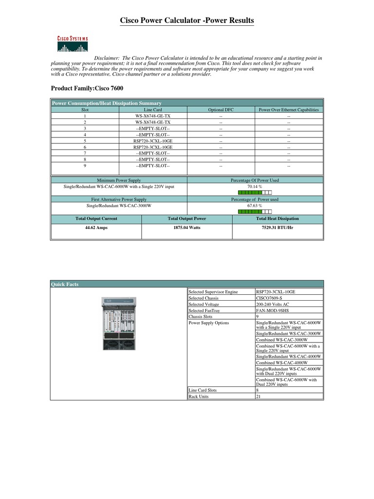PowerCalc Cisco 7609-S | PDF | Mains Electricity | Cisco Systems