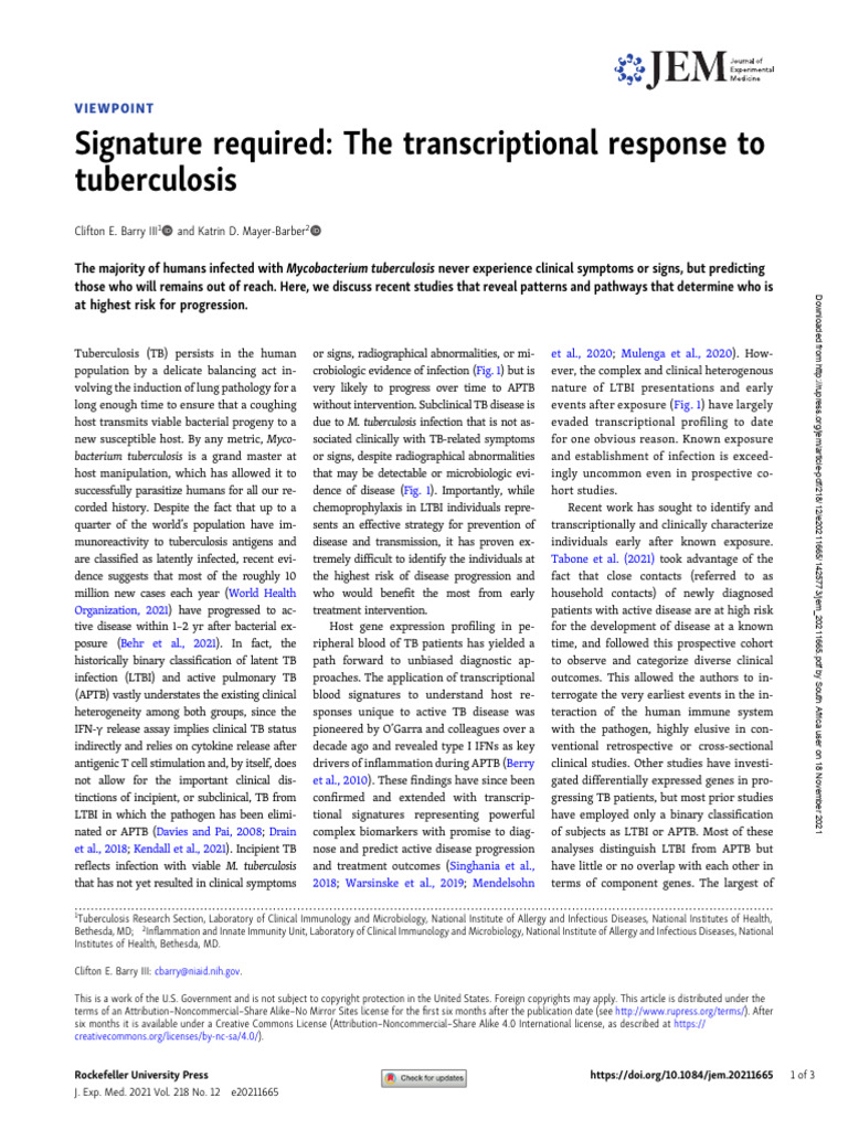 Barry and Mayer-Barber Jem 20211665 | PDF | Tuberculosis | Infection