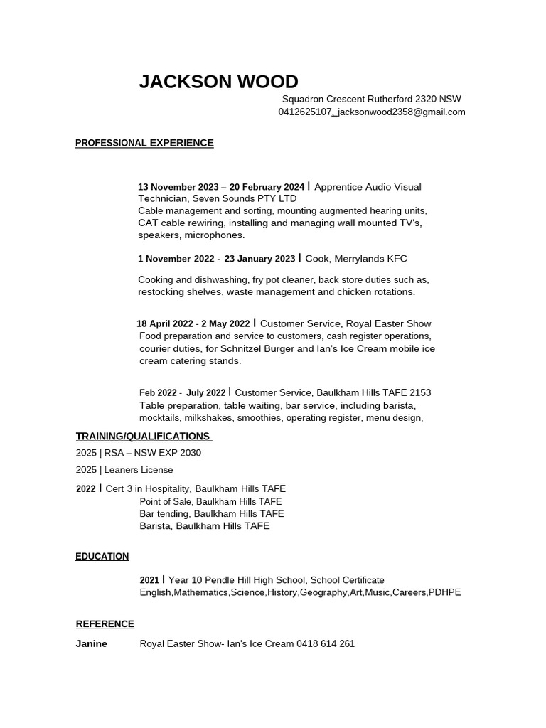 Jackson Wood's Professional Experience Resume | PDF