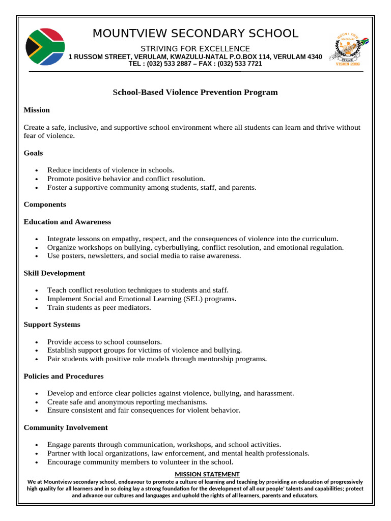 Mountview School Violence Prevention Plan | PDF | Violence | Bullying