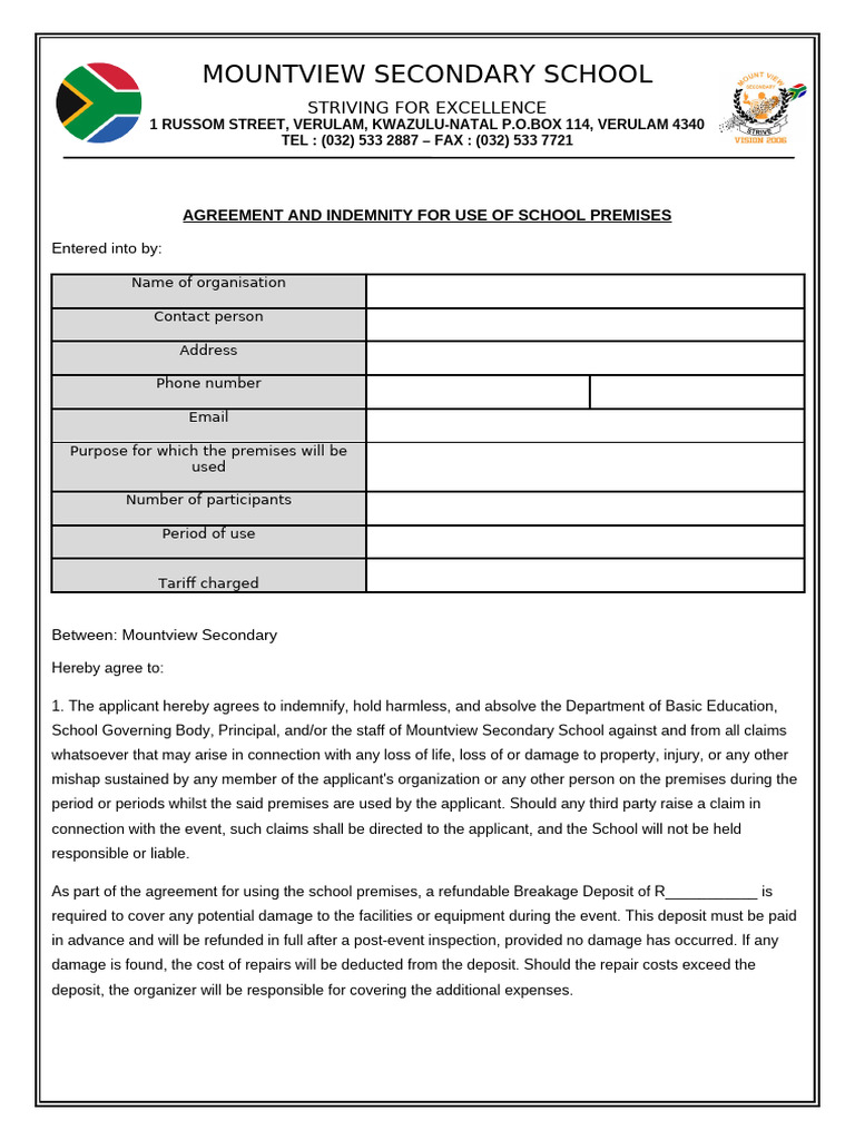 Agreement and Indemnity for Use of School Premises | PDF | Indemnity | Civil Law (Legal System)