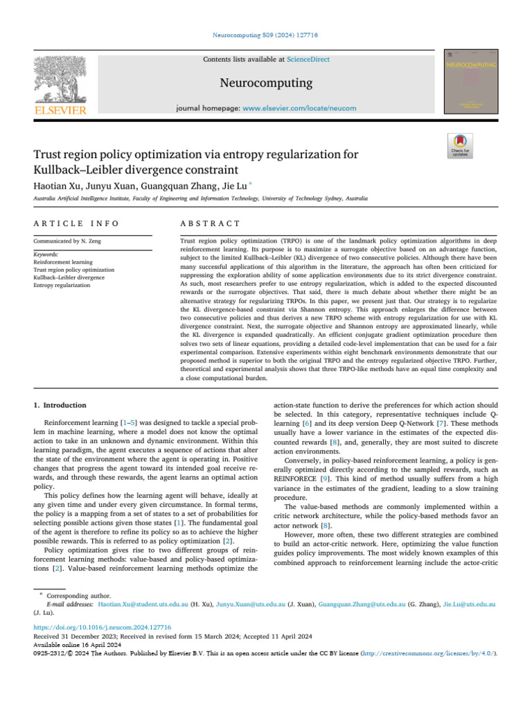 Trust Region Policy Optimization via Entropy Regularization for ...