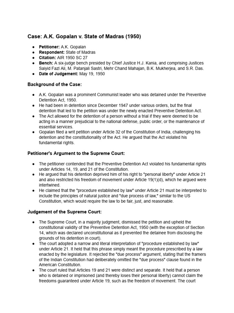 A.K. Gopalan Case: Preventive Detention Ruling | PDF | Constitutional ...