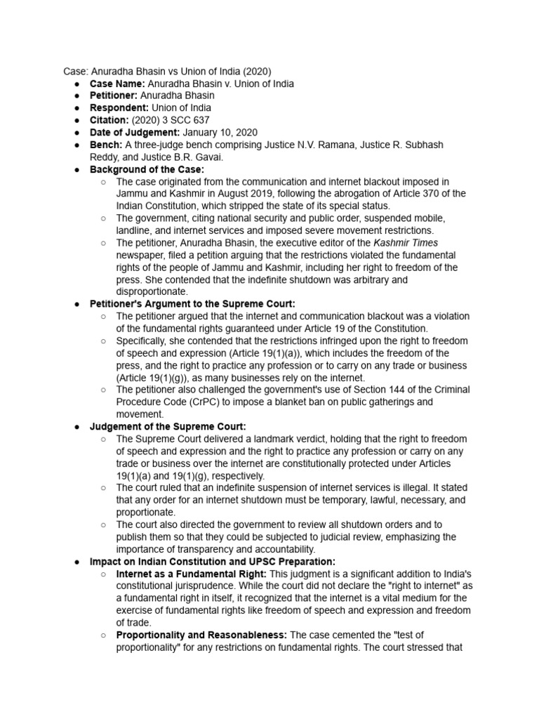 Anuradha Bhasin vs Union of India (2020) | PDF | Justice | Crime & Violence