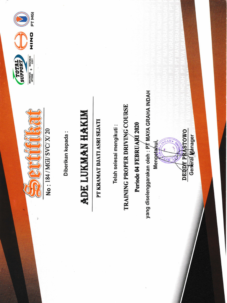 Sertifikat Hino Ade Lukman Hakim 2020 | PDF