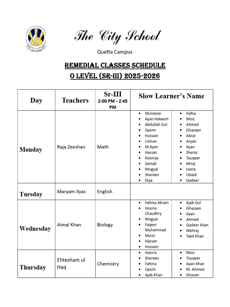 SR - III O Level Remedial Class Schedule 2025-26 | PDF