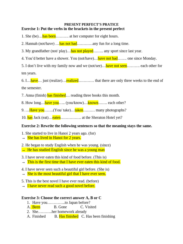 Present Perfect's Pratice | PDF