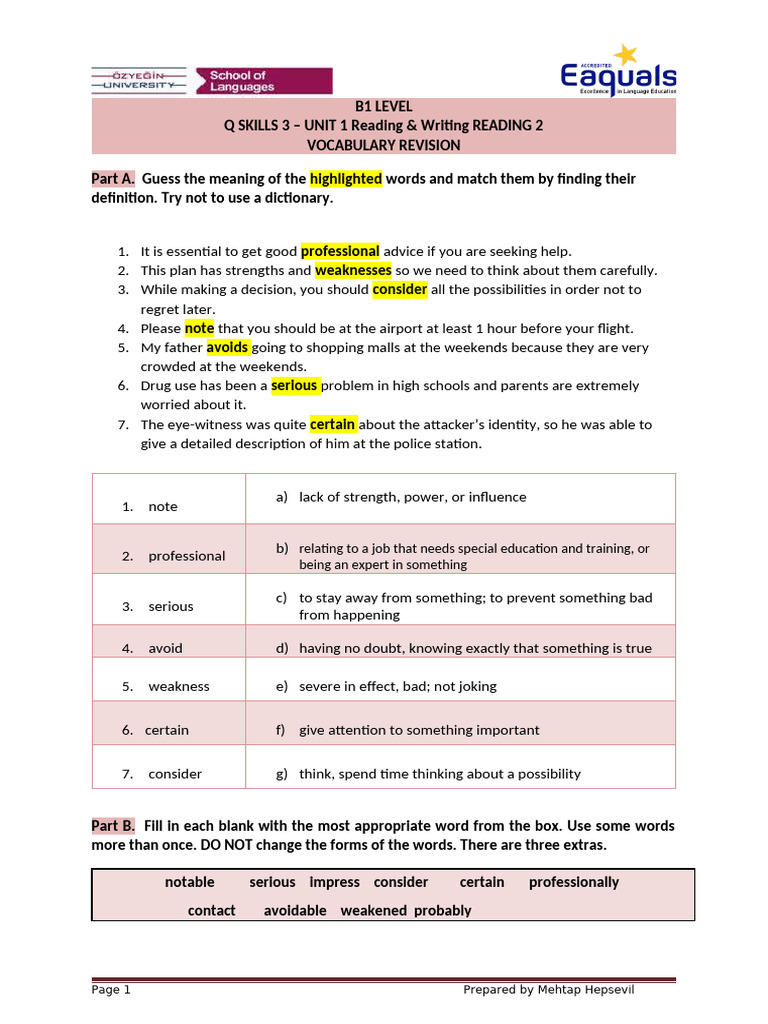 B1 Q SKILLS 3 Vocab Revision UNIT 1 Reading 2 - Edited | PDF | Vocabulary