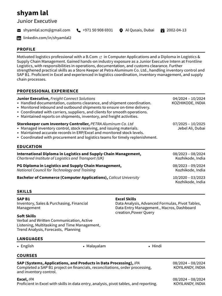 Shyam Lal Resume | PDF | Logistics | Supply Chain Management