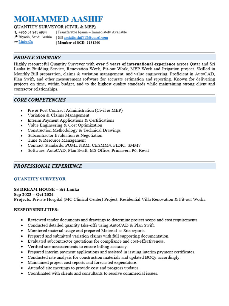 Mohammed Aashif - Quantity Surveyor | PDF | Business