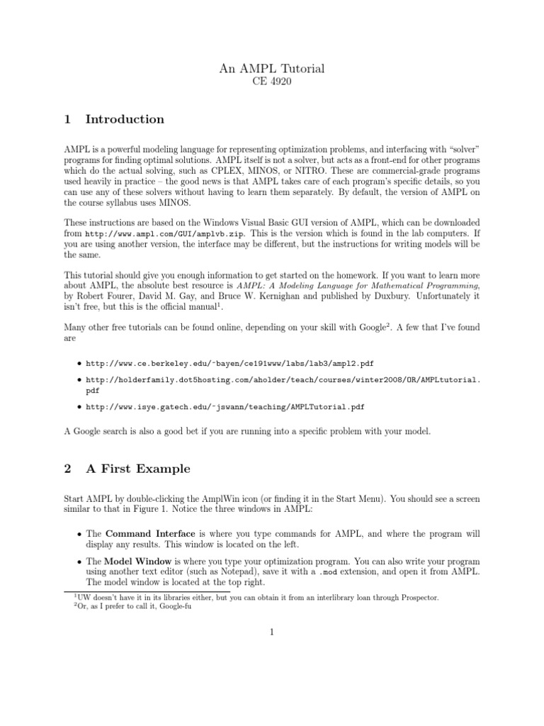 Ampl Tutorial Pdf Mathematical Optimization Trigonometric Functions