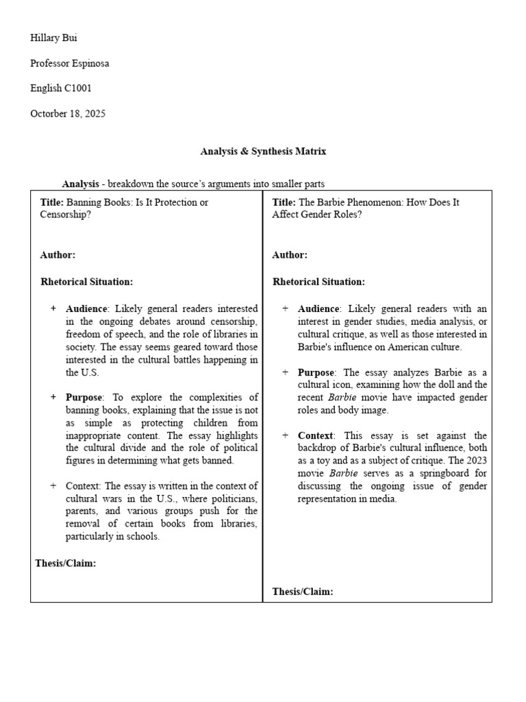 Analysis & Synthesis Matrix-1 | PDF | Essays | Barbie