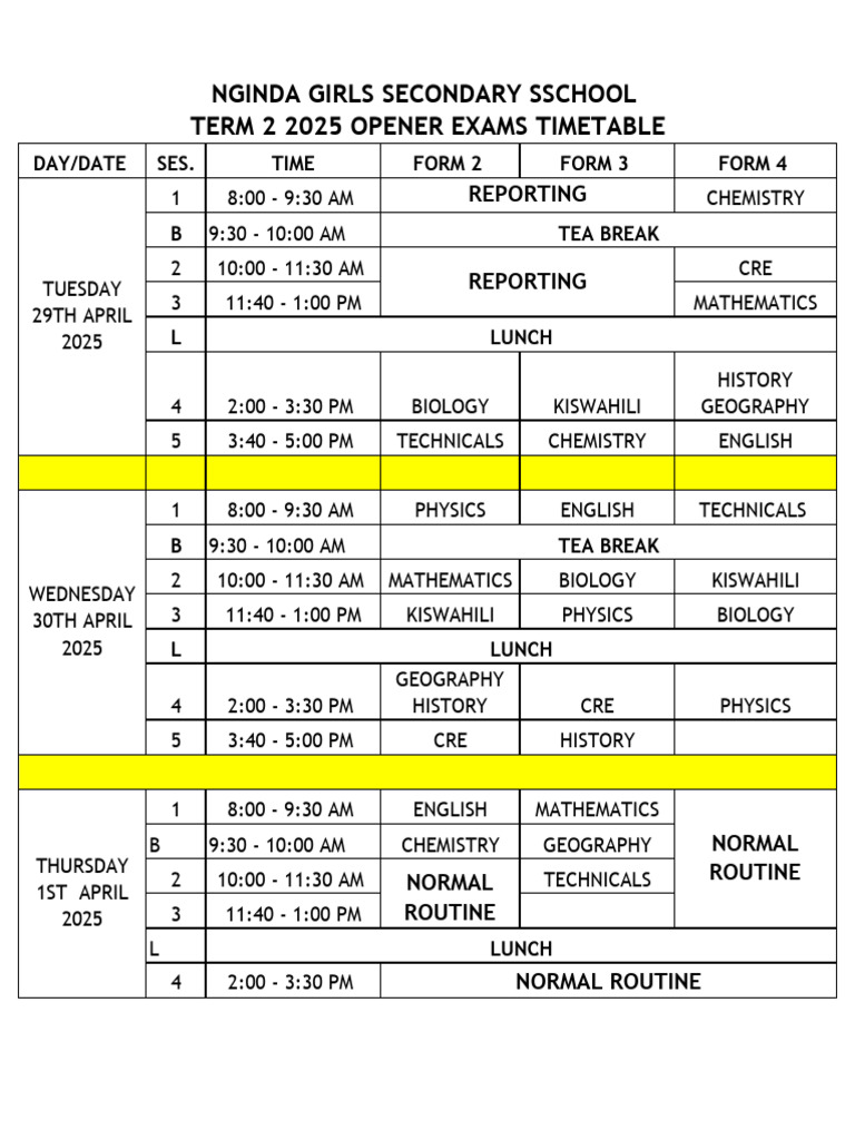 Nginda Girls Term 2 Exam Timetable | PDF