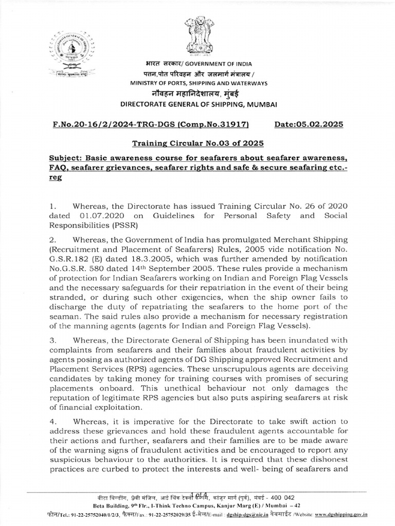 Training Cir-No3 of 2025-Basic Awareness For Seafarer | PDF | Sailor ...