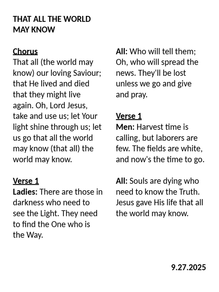 Hymn: That All the World May Know | PDF