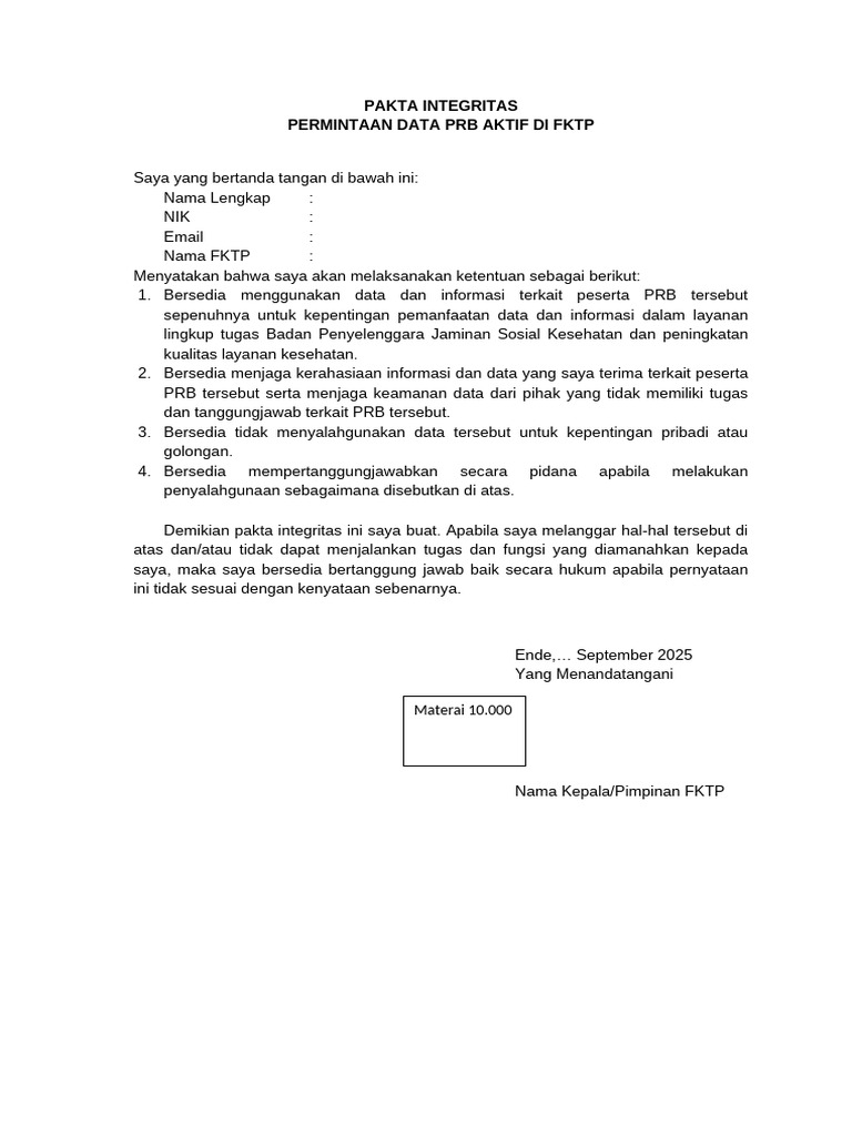 Pakta Integritas Penggunaan Data PRB | PDF
