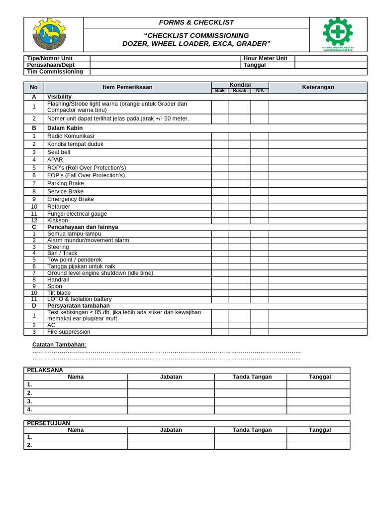 Checklist Komisi Alat Berat Terperinci | PDF