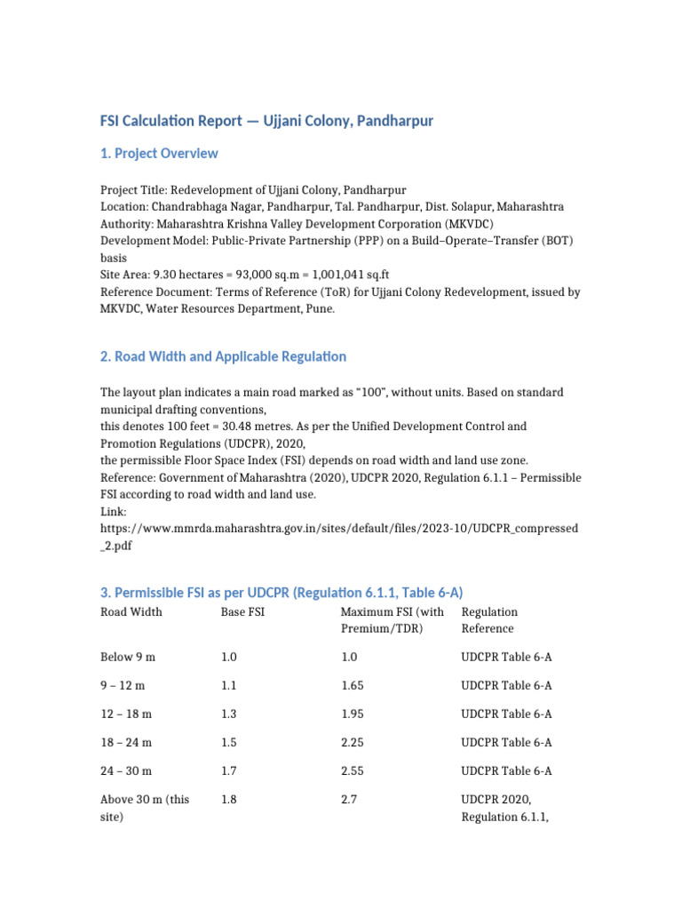 FSI Calculation Report Ujjani Colony Pandharpur | PDF