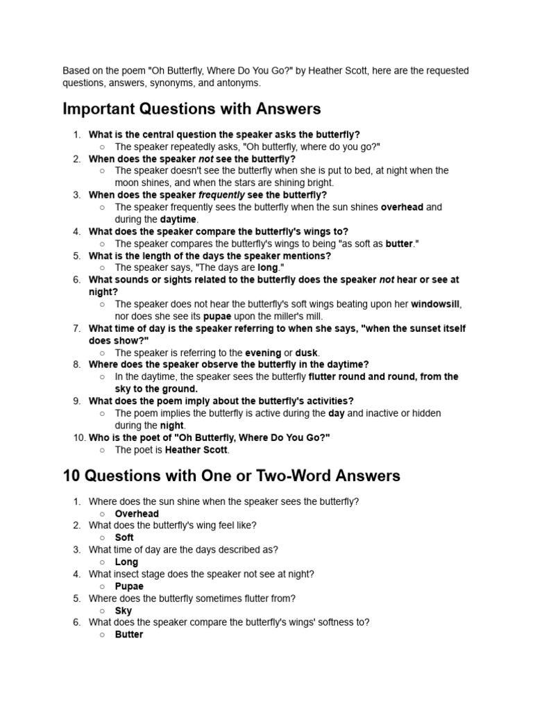 10 Important Questions With Answers - 10 Question W.. | PDF | Butterfly ...
