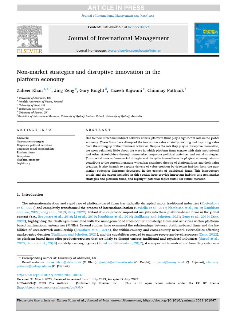 Non-Market Strategies and Disruptive Innovation in The Platform Economy ...