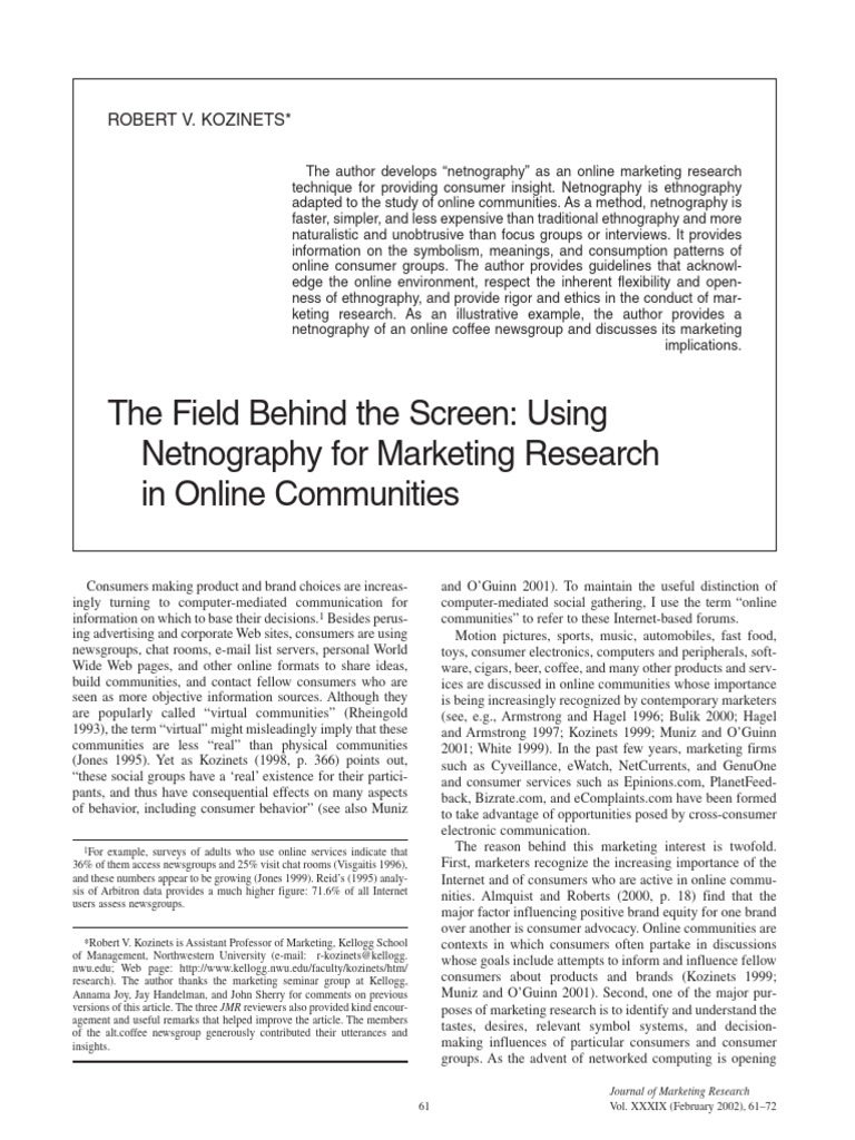 Kozinets 2002 The Field Behind The Screen Using Netnography For ...