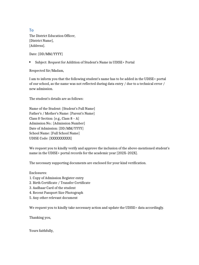 Covering Letter Add Student UDISE | PDF