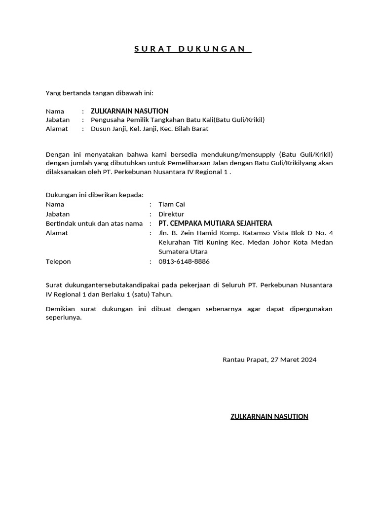 Surat Dukunga Batu Guli 12 | PDF