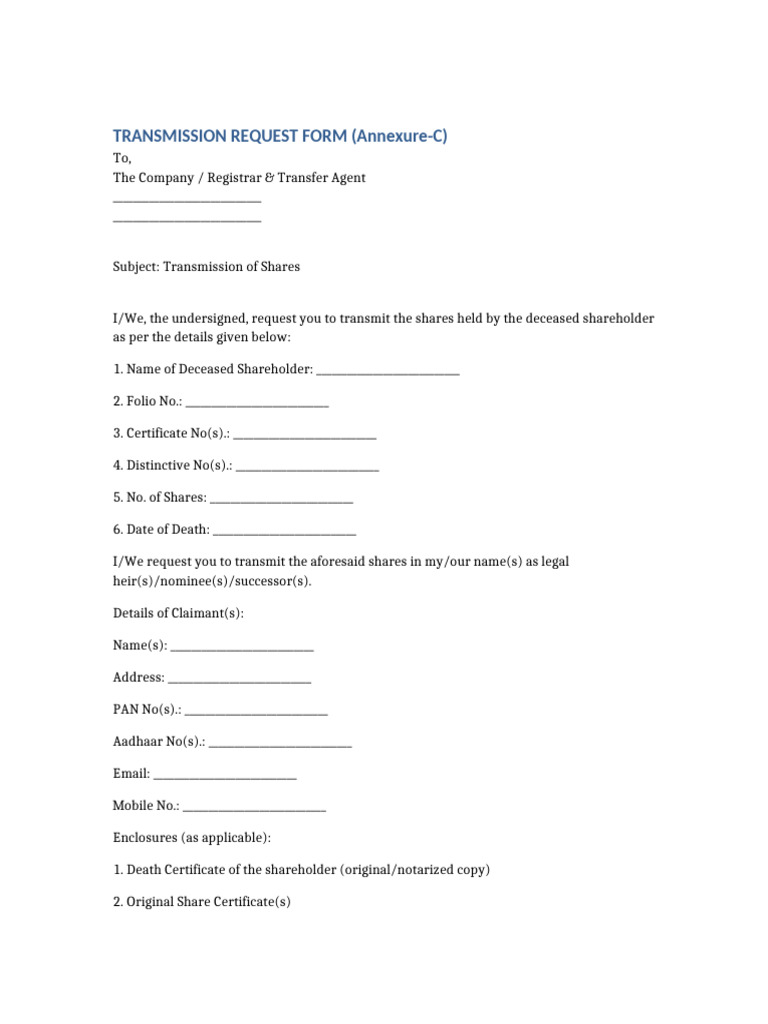 Transmission Request Form Annexure C | PDF