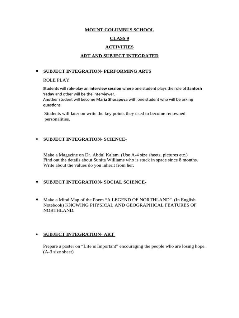 Class 9 Integrated Activities Guide | PDF